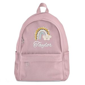 dipopizt custom backpack for girls and boys with name rainbow embroidery print, personalized back to school backpack for kids first day of school, casual backpack for child