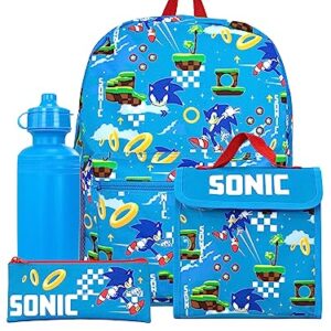 Sonic The Hedgehog Backpack Set | Backpack, Lunchbag, Pencil Case, Water Bottle | Kids Backpack | Blue