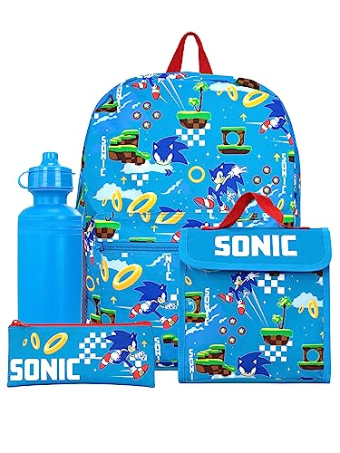 Sonic The Hedgehog Backpack Set | Backpack, Lunchbag, Pencil Case, Water Bottle | Kids Backpack | Blue