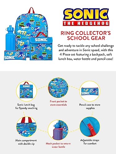 Sonic The Hedgehog Backpack Set | Backpack, Lunchbag, Pencil Case, Water Bottle | Kids Backpack | Blue