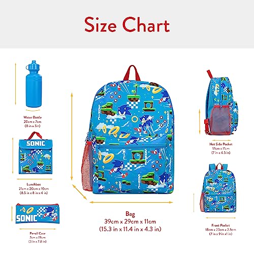 Sonic The Hedgehog Backpack Set | Backpack, Lunchbag, Pencil Case, Water Bottle | Kids Backpack | Blue