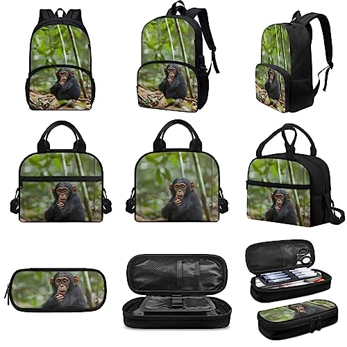 Chimpanzee Backpack Lunchbox Set School Bookbag with Lunch Bag and Pencil Case Pen Stationery Bag