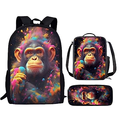 Cute Monkey Kids Backpack School Bag With Lunch Bag and Pencil Bag for Teen Boys Middle Junior High School Bookbag Rucksack Lightweight Shoulder Handbag Daypack Satchel