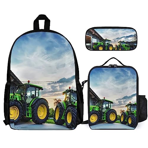 oallpu 3Pcs Green Tractors Backpack Set Large Capacity Laptop Bag, Multi-function Daypack with Adjustable Double Shoulder Strap, Lightweight Lunch Box Portable Pencil Bag