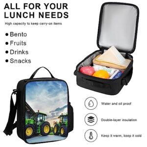 oallpu 3Pcs Green Tractors Backpack Set Large Capacity Laptop Bag, Multi-function Daypack with Adjustable Double Shoulder Strap, Lightweight Lunch Box Portable Pencil Bag