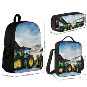 oallpu 3Pcs Green Tractors Backpack Set Large Capacity Laptop Bag, Multi-function Daypack with Adjustable Double Shoulder Strap, Lightweight Lunch Box Portable Pencil Bag