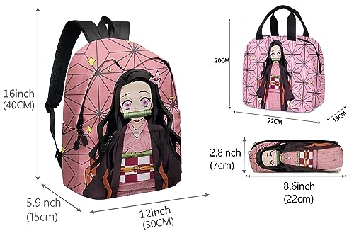 XIXISA 16" Nezuko Laptop Backpack with Lunch Box Bag Anime Shinobu Laptop Backpacks (Nezuko)