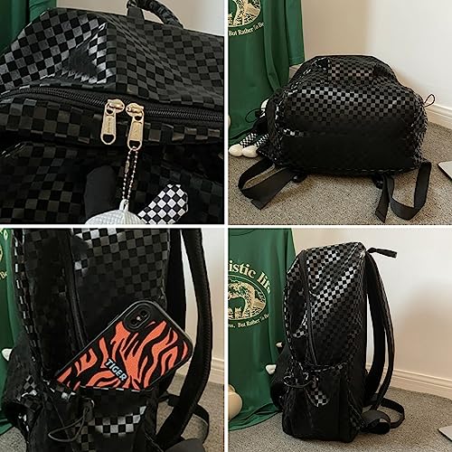 Verdancy Kawaii Backpack for Teens School College Students Travel Checkered Aesthetic Bookbag Schoolbag Casual Daypack (Black)