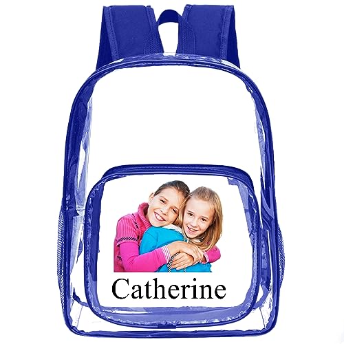 Amlion Custom Clear Backpack with Name Personalized Transparent Backpacks,Customized Logo Photo Clear PVC Backpacks Heavy Duty for College Workplace Travel Sports(Blue Photo)