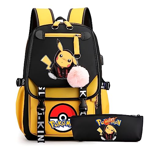 Yjiuxnw Anime School Backpack Set with Pencil Box Travel Backpacks with USB Charging Port, Cute Daypack for Boys And Girls