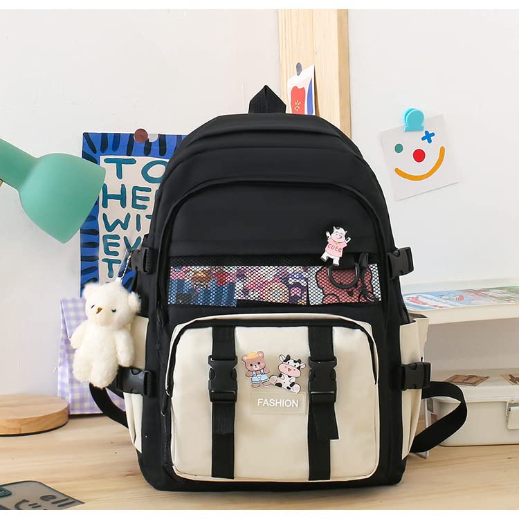 KOVPIFB Kawaii Backpack Cute Style 5 PCS Backpack Set,Cute Plush Pendants & Pins Aesthetic School Bags for Teen Girls Black