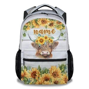 pakkitop personalized highland cow backpack for teen girls women, 16" casual backpack for school, custom sunflower print large capacity lightweight bookbag for students