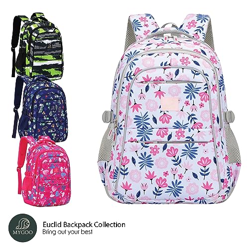 MYGOO Kids Backpack for Girls | Educational Backpack for Youngster | Euclid Collection | 17" tall | Flower Pink