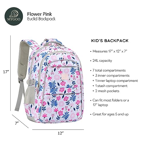 MYGOO Kids Backpack for Girls | Educational Backpack for Youngster | Euclid Collection | 17" tall | Flower Pink