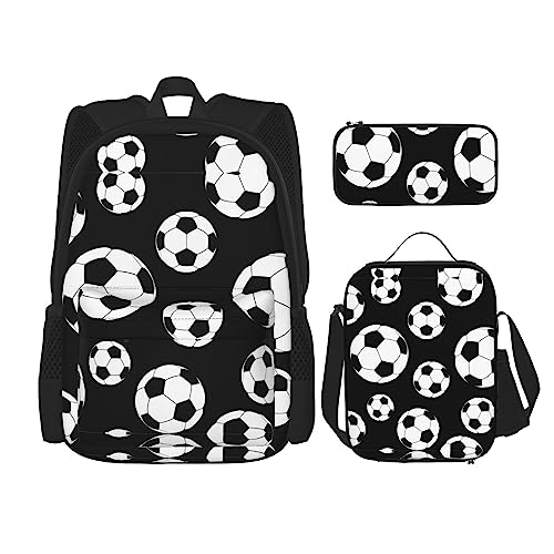 KoNsev 3pcs Backpack Sets,Soccer Black Printed Backpacks Set With Lunch Bag Pencil Pouch