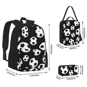 KoNsev 3pcs Backpack Sets,Soccer Black Printed Backpacks Set With Lunch Bag Pencil Pouch