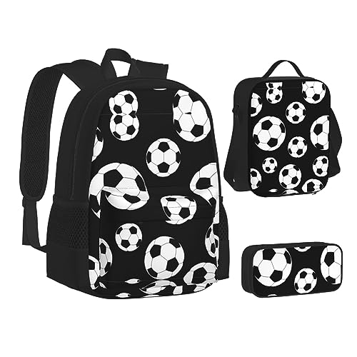 KoNsev 3pcs Backpack Sets,Soccer Black Printed Backpacks Set With Lunch Bag Pencil Pouch