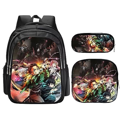 FANGKAI Anime Backpack Demon Slayer Cute Backpack Durable Lightweight Bookbag with Lunch Box & Pencil Case Combo Set