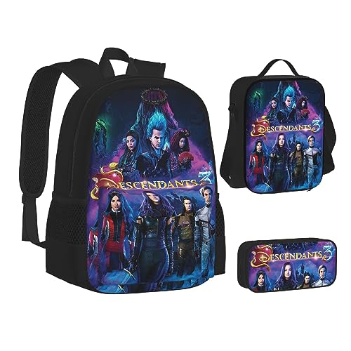 BNALAO Descendants Cartoon 3 Movie 3PCS Cartoon Backpack Set Laptop Backpack Portable Lunch Bag Print Pencil Case Travel Bags Daily