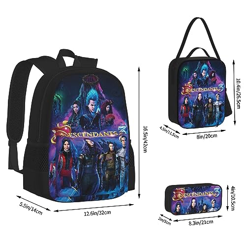 BNALAO Descendants Cartoon 3 Movie 3PCS Cartoon Backpack Set Laptop Backpack Portable Lunch Bag Print Pencil Case Travel Bags Daily