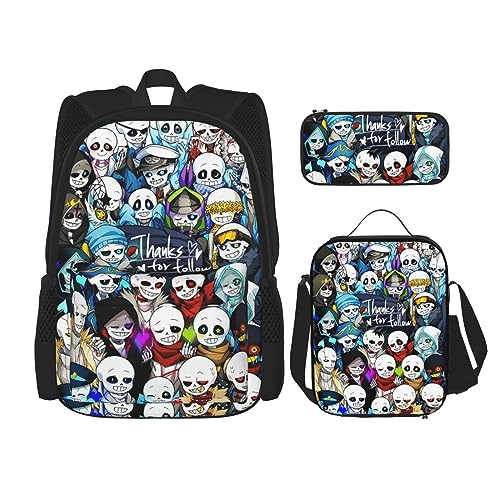 BNALAO Sans Cartoon Undertale Anime 3PCS Cartoon Backpack Set Laptop Backpack Portable Lunch Bag Print Pencil Case Travel Bags Daily