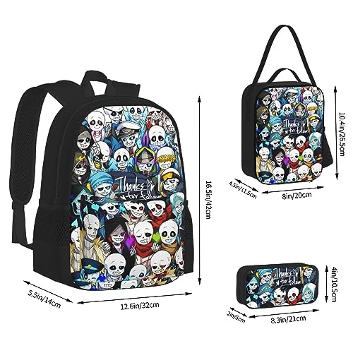 BNALAO Sans Cartoon Undertale Anime 3PCS Cartoon Backpack Set Laptop Backpack Portable Lunch Bag Print Pencil Case Travel Bags Daily