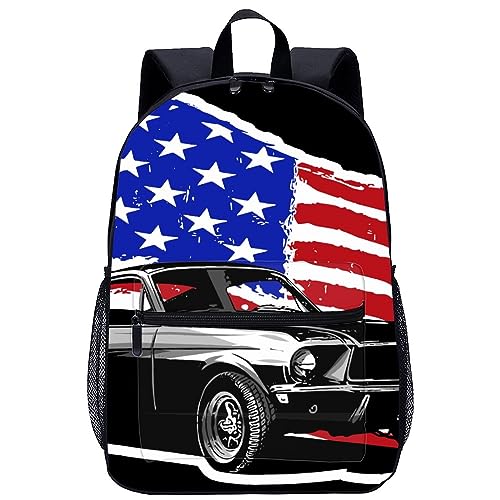 Muscle Car with American Flag Laptop Backpack Lightweight 17 Inch Travel Daypack Shoulder Bag for Men Women