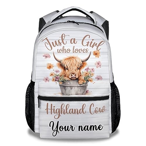 CUSPCOD Personalized Highland Cow Backpack for Girls Boys, 16 Inch White Backpacks for School, Cute, Adjustable Straps, Durable, Lightweight, Large Capacity Bookbag for Kids