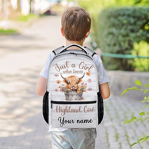 CUSPCOD Personalized Highland Cow Backpack for Girls Boys, 16 Inch White Backpacks for School, Cute, Adjustable Straps, Durable, Lightweight, Large Capacity Bookbag for Kids