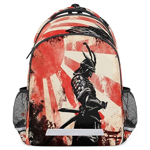 Japanese Samurai Backpack for Women Men Sun Pattern Laptop iPad Tablet Backpack Stylish Casual Daypack with Chest Strap Travel Hiking Camping Sports Daypack with Reflective Strip