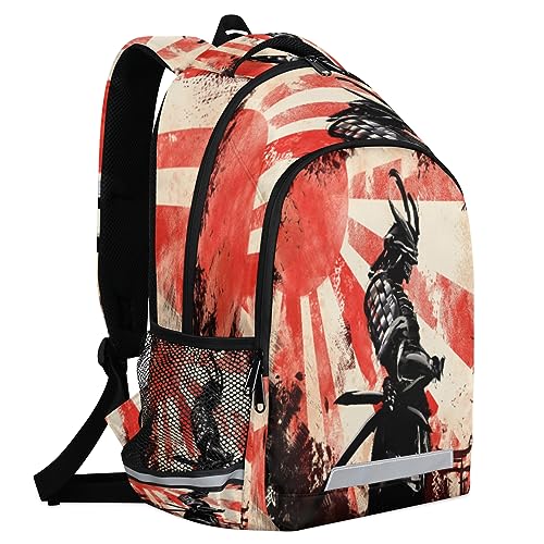 Japanese Samurai Backpack for Women Men Sun Pattern Laptop iPad Tablet Backpack Stylish Casual Daypack with Chest Strap Travel Hiking Camping Sports Daypack with Reflective Strip