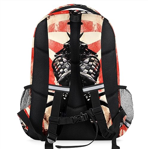 Japanese Samurai Backpack for Women Men Sun Pattern Laptop iPad Tablet Backpack Stylish Casual Daypack with Chest Strap Travel Hiking Camping Sports Daypack with Reflective Strip