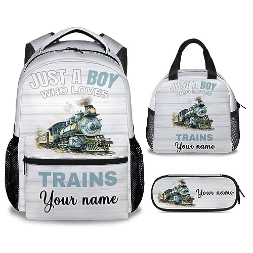 AIOMXZZ Personalized Train Backpack with Lunch Box Set for Boys, 3 in 1 School Backpacks Matching Combo, Cartoon Blue Bookbag and Pencil Case Bundle