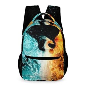 supdreamc lightweight daypack bookbag for trekking business walking cycling - big capacity anti-theft multipurpose carry on bag, ice water fire flame phoenix bird art business computer bag