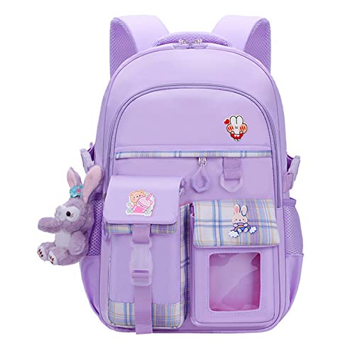 Myyunhx Backpack for Girls 17Inch Large Capacity Girl School Backpack for kid with Plush Cartoon Pendant and Decorative Card (Purple)