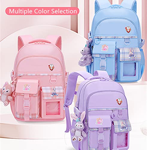 Myyunhx Backpack for Girls 17Inch Large Capacity Girl School Backpack for kid with Plush Cartoon Pendant and Decorative Card (Purple)