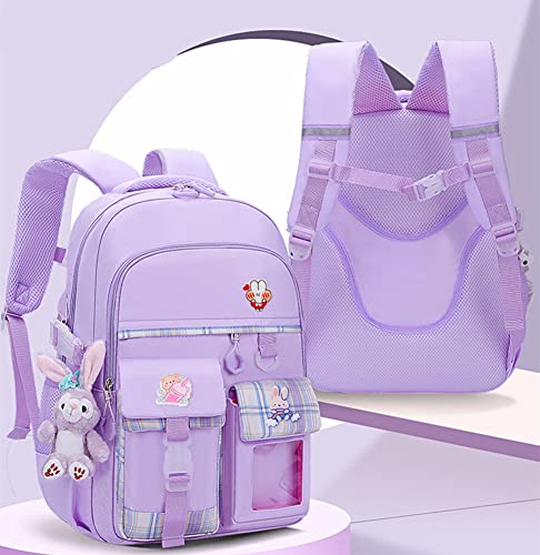 Myyunhx Backpack for Girls 17Inch Large Capacity Girl School Backpack for kid with Plush Cartoon Pendant and Decorative Card (Purple)