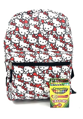 Hello Kitty 16" All Over Print Backpack with 24pk Crayola Crayons, School Bag for Kids with Adjustable Padded Shoulder Straps and Zipper Closure