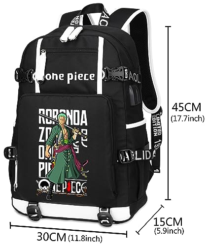 Roffatide Anime One Piece Laptop Backpack with USB Charging Port & Headphone Port Roronoa Zoro Rucksack with Printed Backpack for Men Women Graphic Travel Backpack