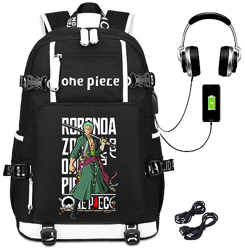 Roffatide Anime One Piece Laptop Backpack with USB Charging Port & Headphone Port Roronoa Zoro Rucksack with Printed Backpack for Men Women Graphic Travel Backpack