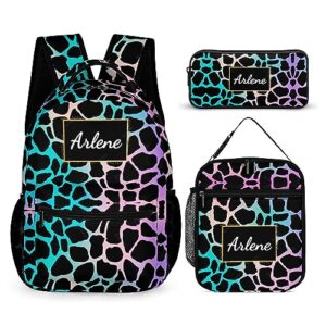 wellhoope custom name backpack 3pcs set cow print aesthetic backpack lunch bag pen case 3 in 1 outdoor daypack travel bag double shoulder laptop bag climbing backpack