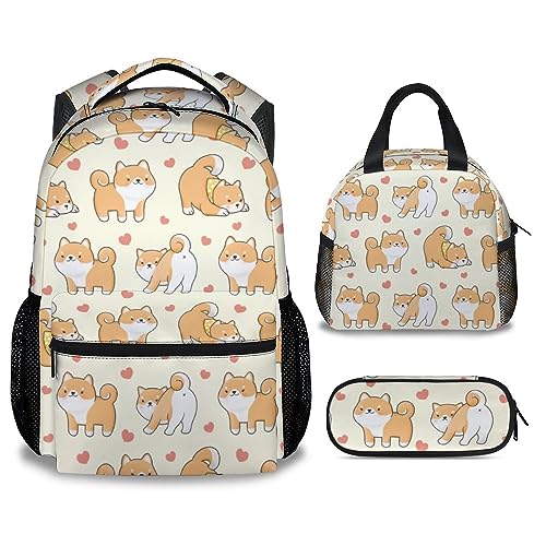 UNIKITTY Shiba Inu Backpack with LunchBox, Set of 3 School Backpacks Matching Combo, Cute Yellow Bookbag and Pencil Case Bundle