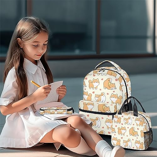 UNIKITTY Shiba Inu Backpack with LunchBox, Set of 3 School Backpacks Matching Combo, Cute Yellow Bookbag and Pencil Case Bundle