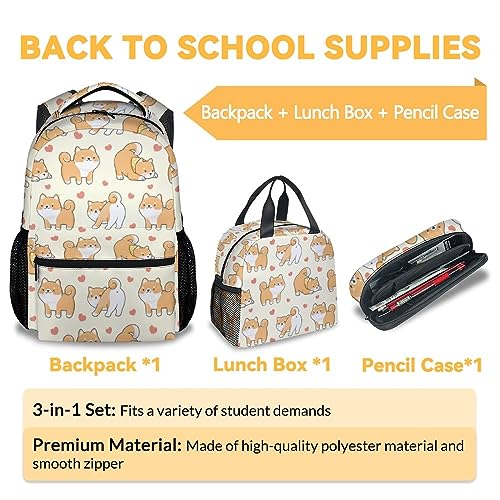 UNIKITTY Shiba Inu Backpack with LunchBox, Set of 3 School Backpacks Matching Combo, Cute Yellow Bookbag and Pencil Case Bundle