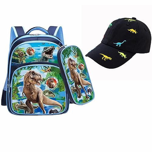 YUNYINIE Cute Dinosaur School Backpack and Baseball Cap for Kids, Modern Travel Space Galaxy Book Bags for Boys Girls