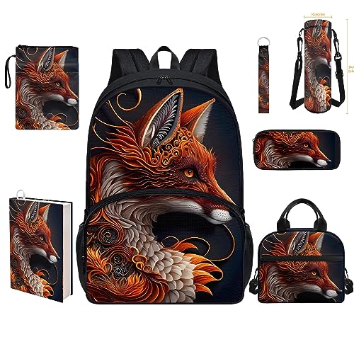 Red Fox Backpack Highschool For Boys With Pencil Case 7Pcs/Set Shoulder Bag For Teen Girls Lightweight School Bag Casual Lunch Box Book Sleeve Cover Water Bottle Carrier With Strap Wristlet Keychain