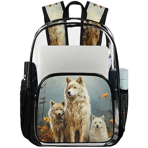 Tavisto White Wolf Clear Backpack with Cute Prints - Durable PVC Material, Comfortable Shoulder Straps, Large Capacity - Perfect for Students and Schools