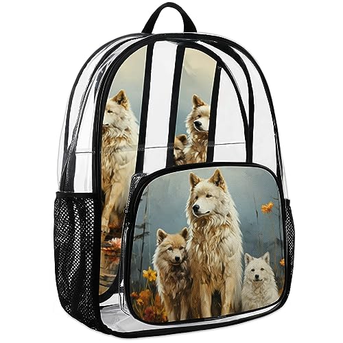 Tavisto White Wolf Clear Backpack with Cute Prints - Durable PVC Material, Comfortable Shoulder Straps, Large Capacity - Perfect for Students and Schools