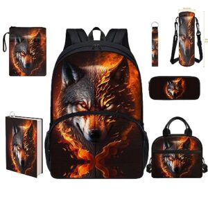 zocania wolf backpack for boys girls fire backpack 7pcs kids back to school backpack sets with lunch box pencil case water bottle bag book cover key chain wrist lanyard book bag