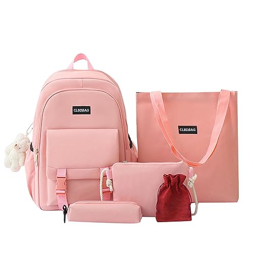 BULBASAUR Korean Backpack 5Pcs Set Daypack Backpack Large Capacity Backpack Simplicity Bookbag(Pink)